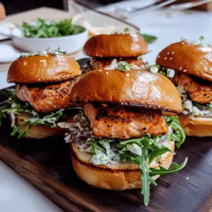 Crispy Salmon Sliders with Lemon Arugula Slaw - Succulent Recipes